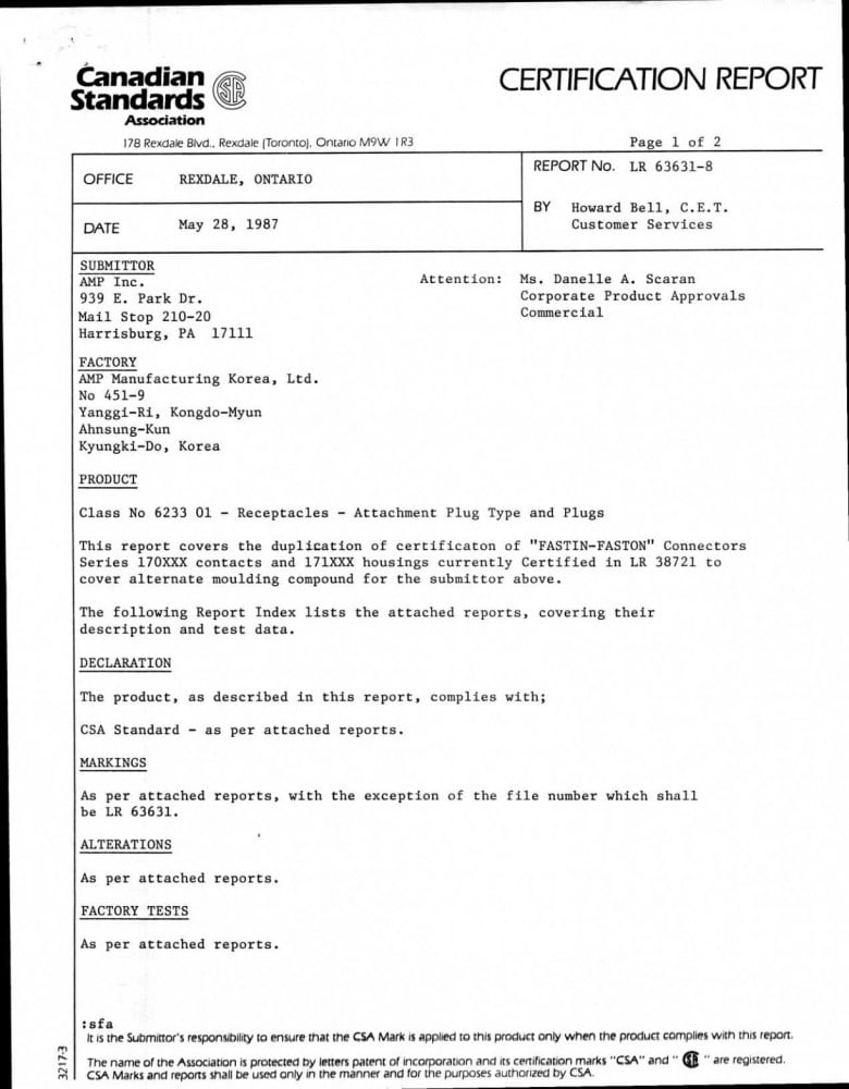 CSA certification report for FASTIN-FASTON connectors, page 1