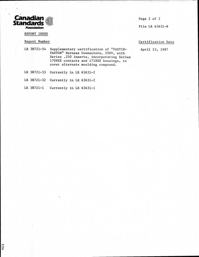 CSA certification report for FASTIN-FASTON connectors, page 2