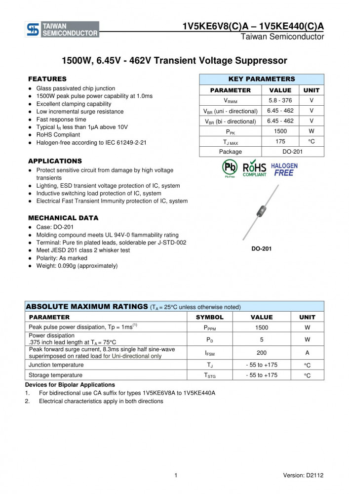 1V5KE39CA datasheet page 1