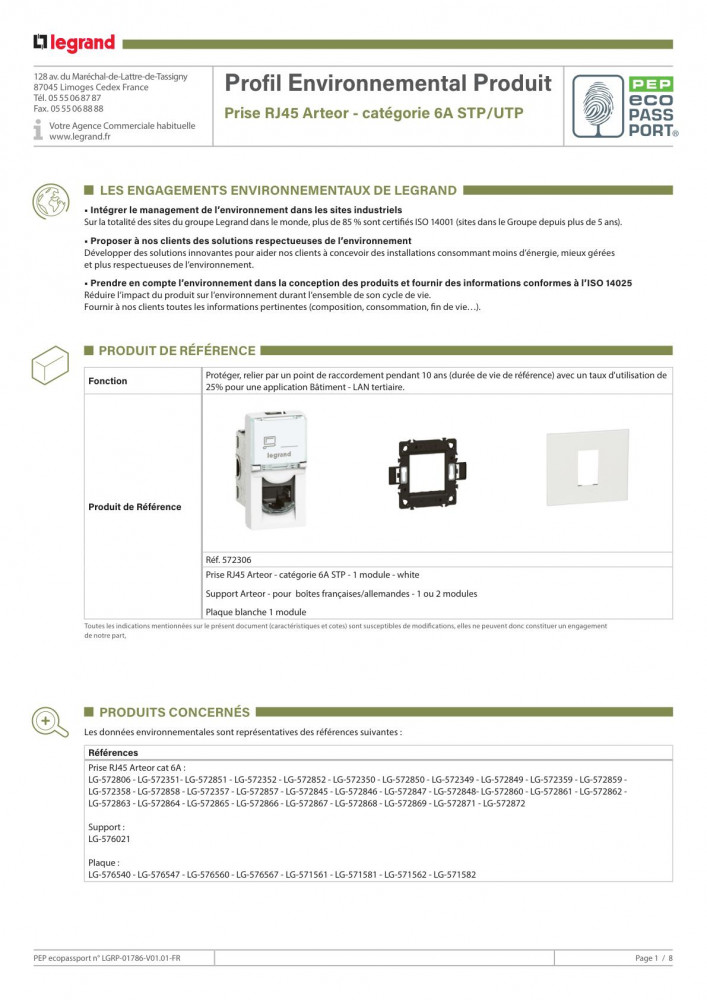 Legrand product environmental profile, page 1