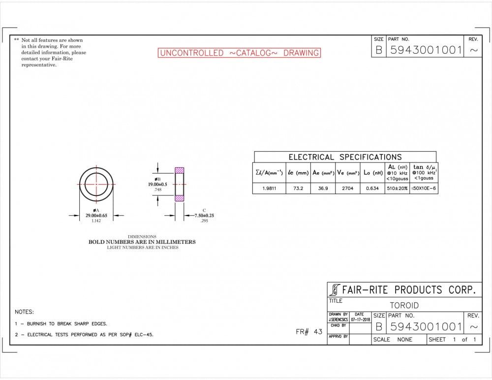 Fair-Rite 5943001001 technical document page