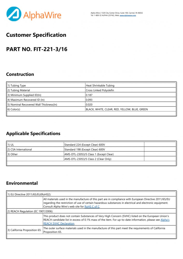 Alpha Wire FIT-221-3/16 specification page 1