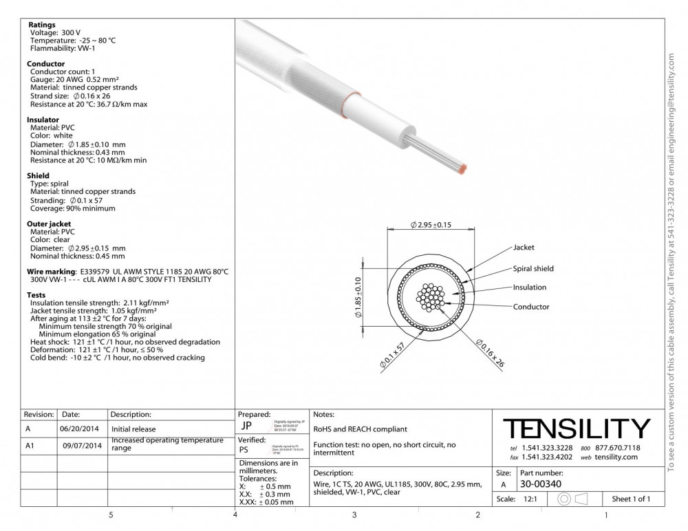 Tensility International model 30-00340 product drawing and specification sheet
