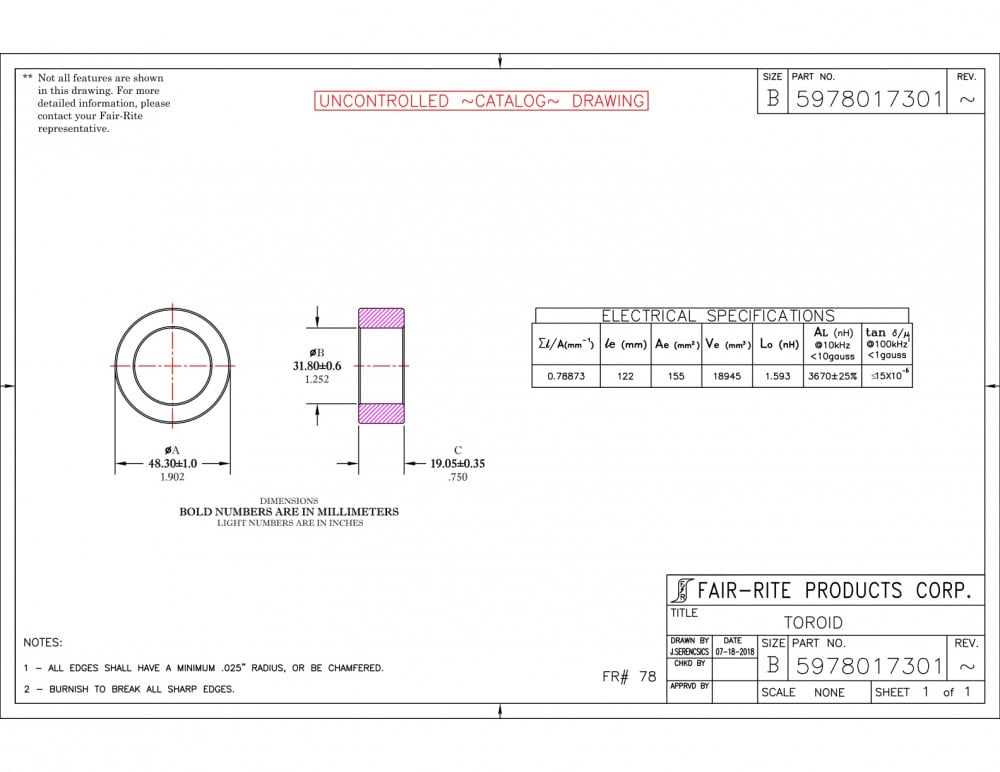 Fair-Rite 5978017301 technical document page
