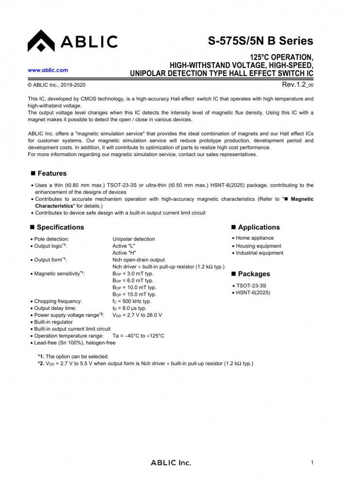 ABLIC S-575 datasheet page 1