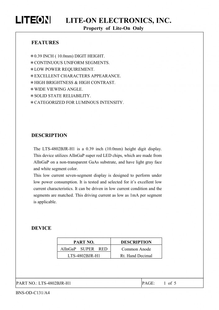 LTS-4802BJR-H1 datasheet page 1