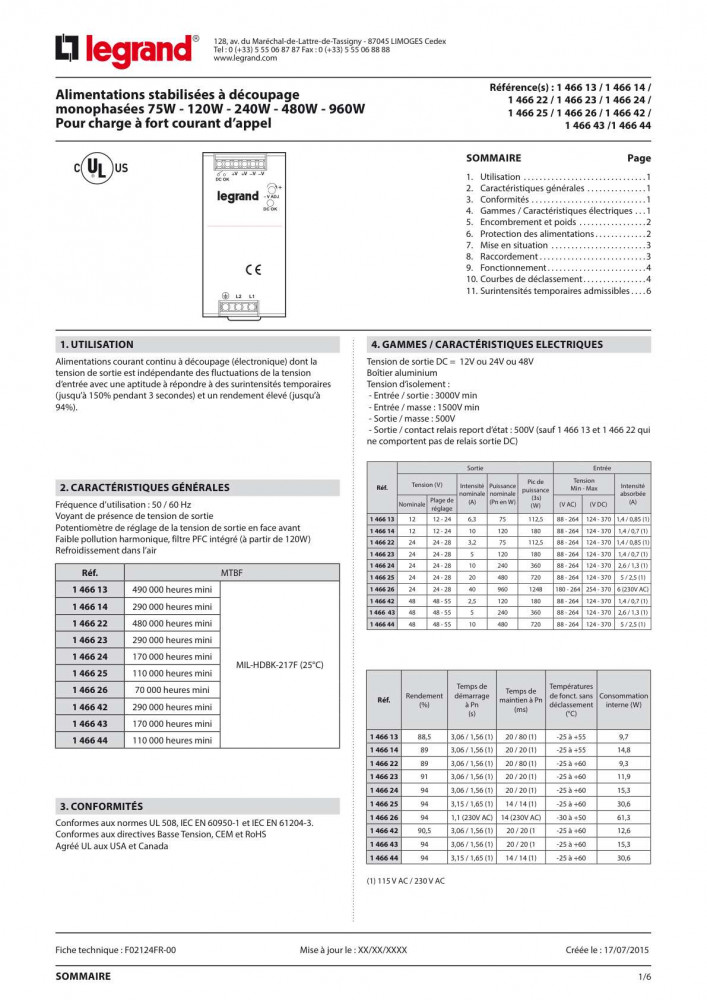 Legrand technical document, page 1