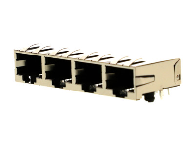 Modular Jack, Right-Angle, Compact, 8/8, 2 Ports, Even Tails, with Enhanced Ground Tabs