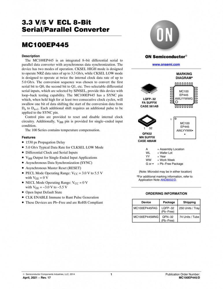 MC100EP445 datasheet page 1