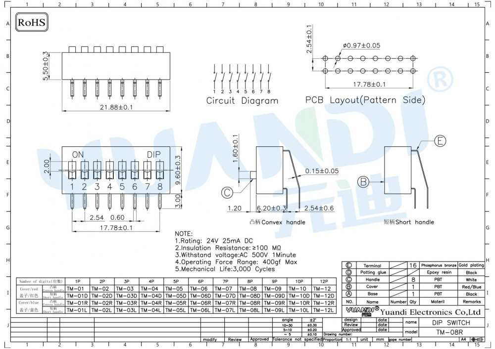 Yuandi TM-08R DIP switch technical drawing