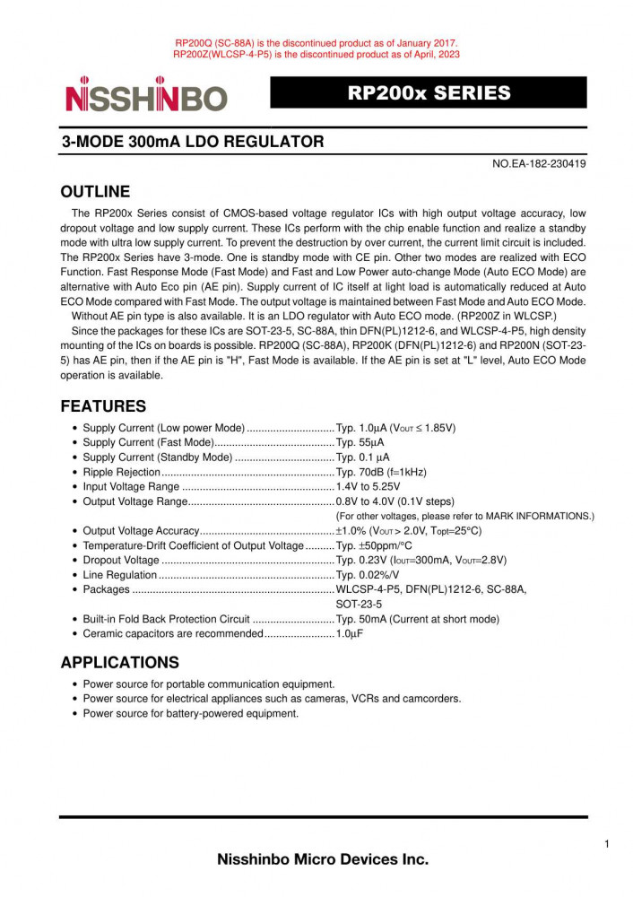 RP200 datasheet page 1