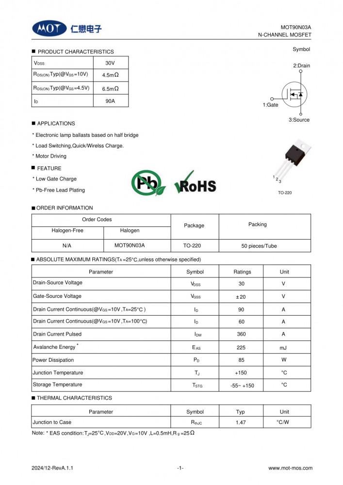 MOT90N03A datasheet page 1