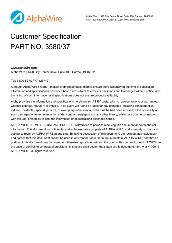 Alpha Wire 3580/37 customer specification document page 1