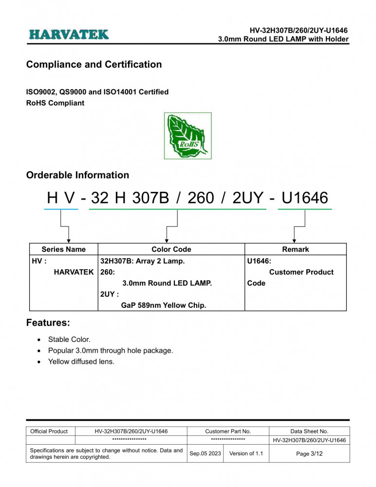 HV-32H307B/260/2UY-U1646 datasheet page 3