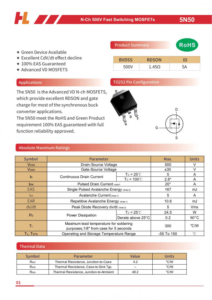 HL 5N50 datasheet page 1