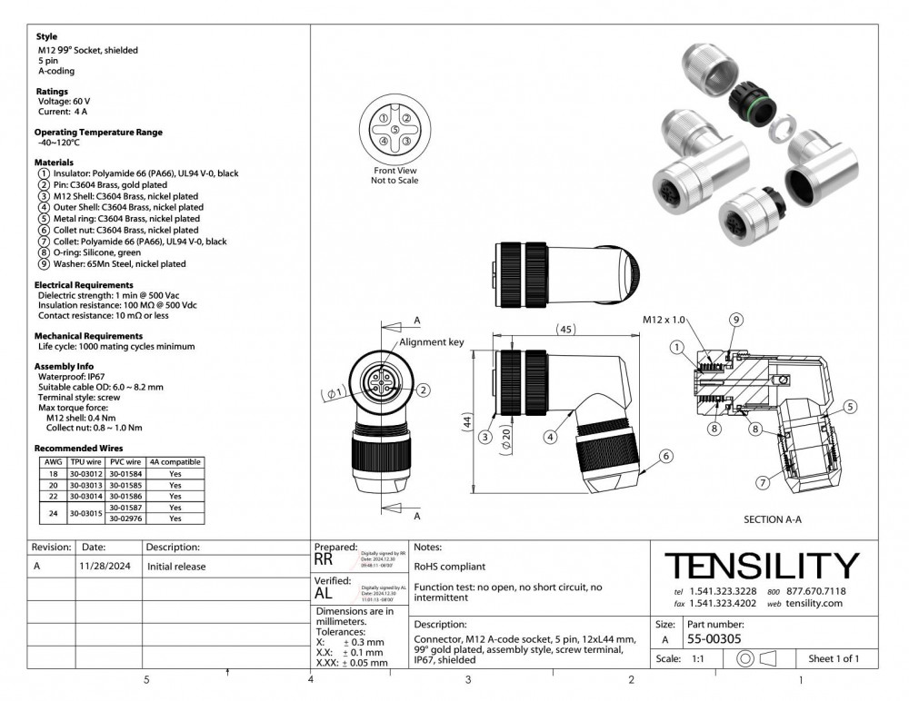 55-00305 M12 A-coded 5-pin angled socket connector drawing
