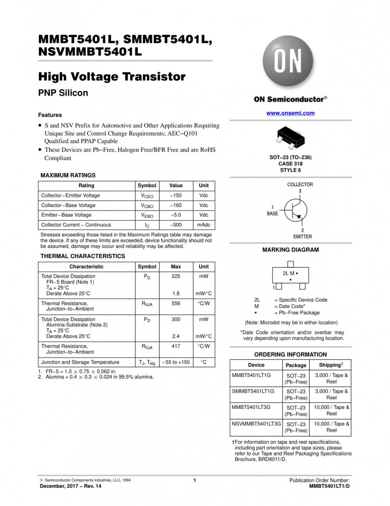 MMBT5401LT3G datasheet page 1
