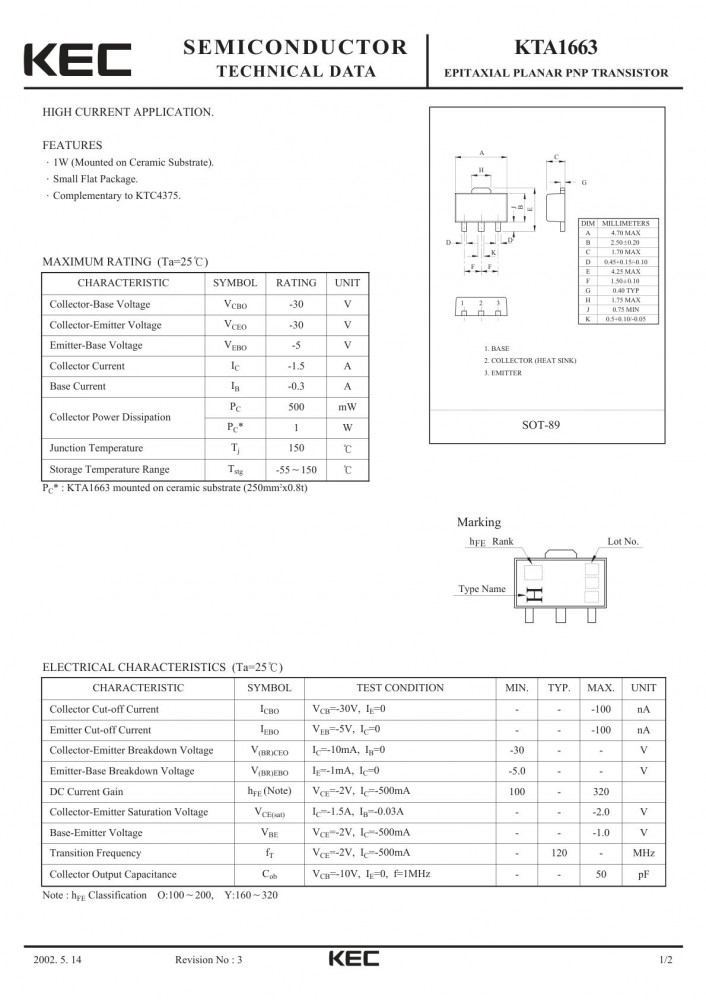KTA1663-Y-RTF/P datasheet page 1