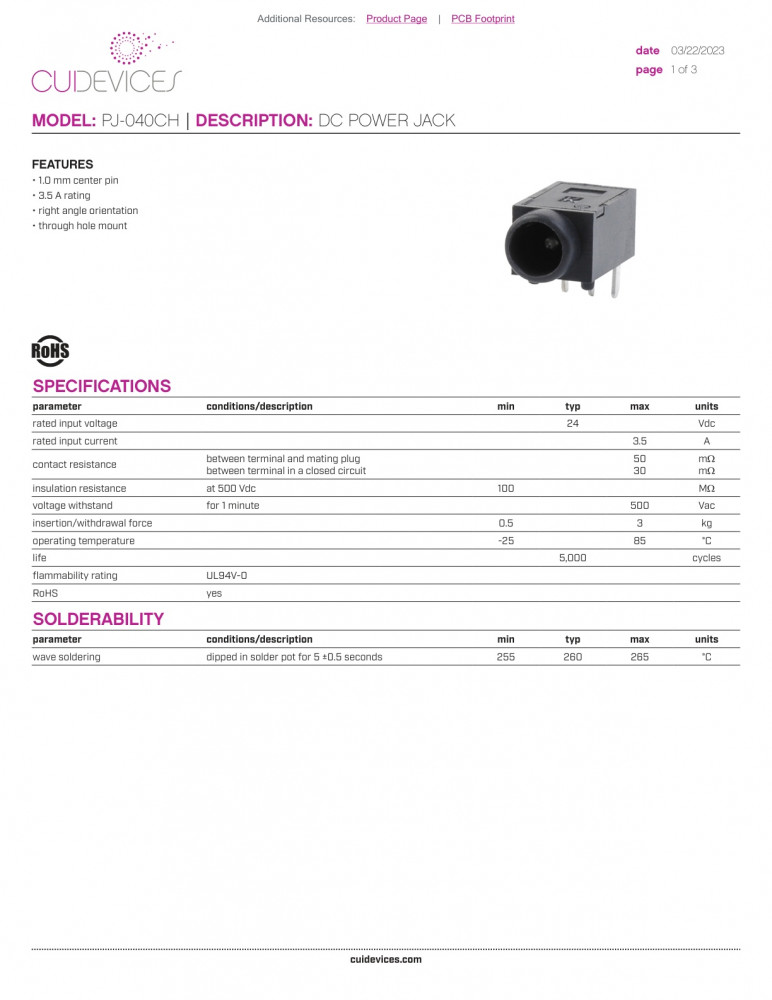 PJ-040CH technical document page 1