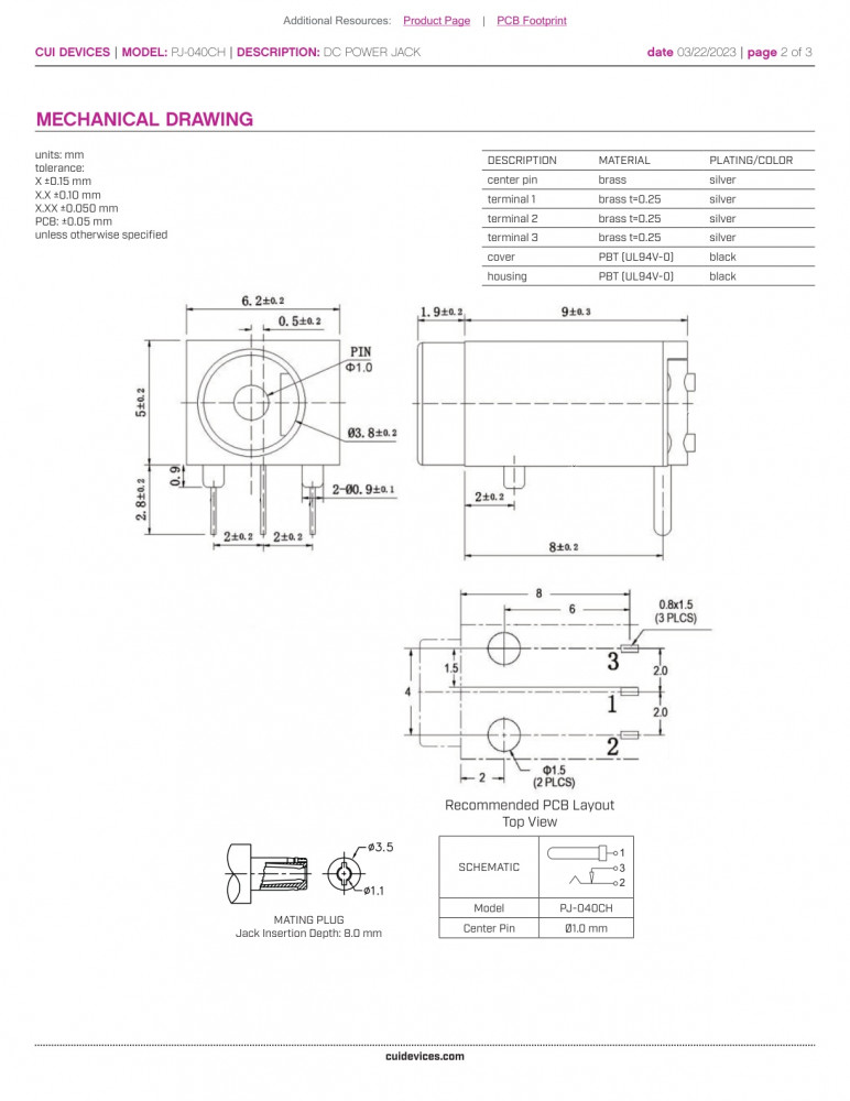 PJ-040CH technical document page 2