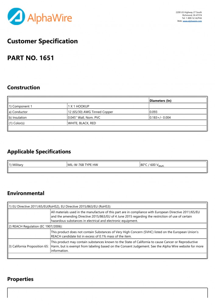 Alpha Wire 1651 technical specification page 1