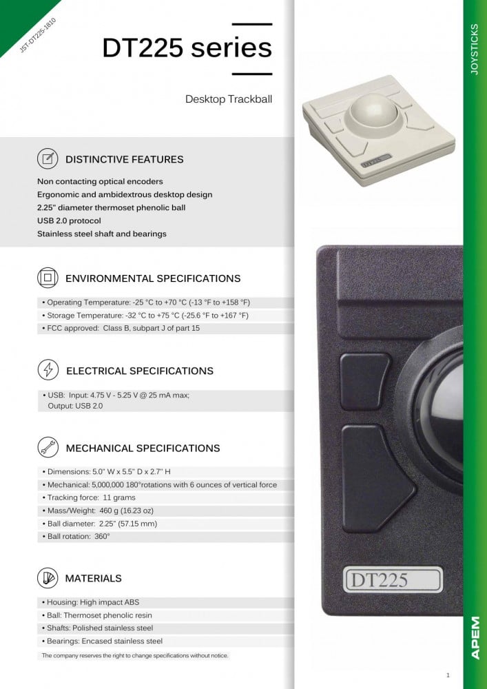 APEM DT225 technical document page 1