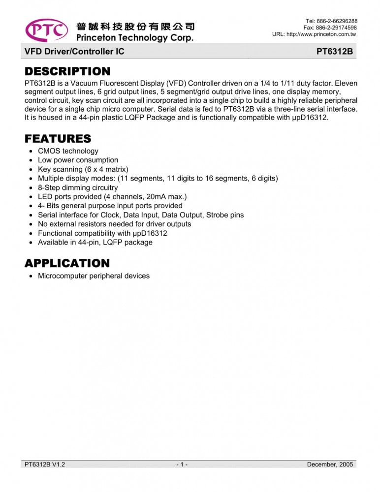 PT6312BLQ datasheet page 1