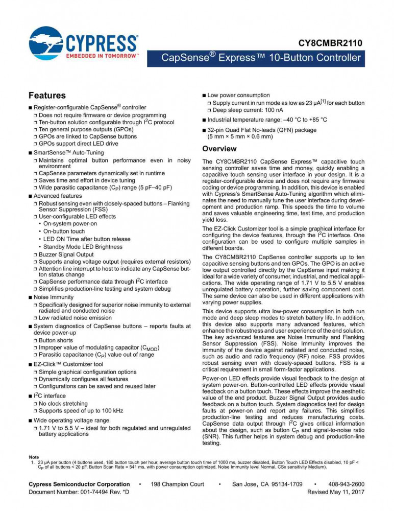 CY8CMBR2110 technical document page 1
