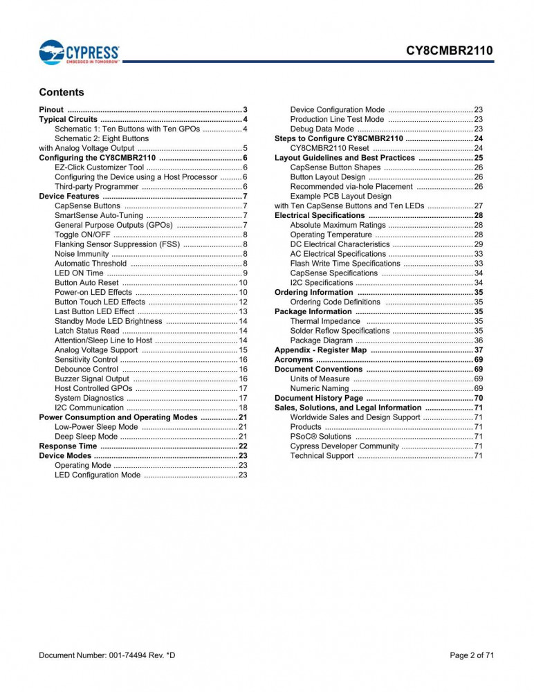 CY8CMBR2110 technical document page 2