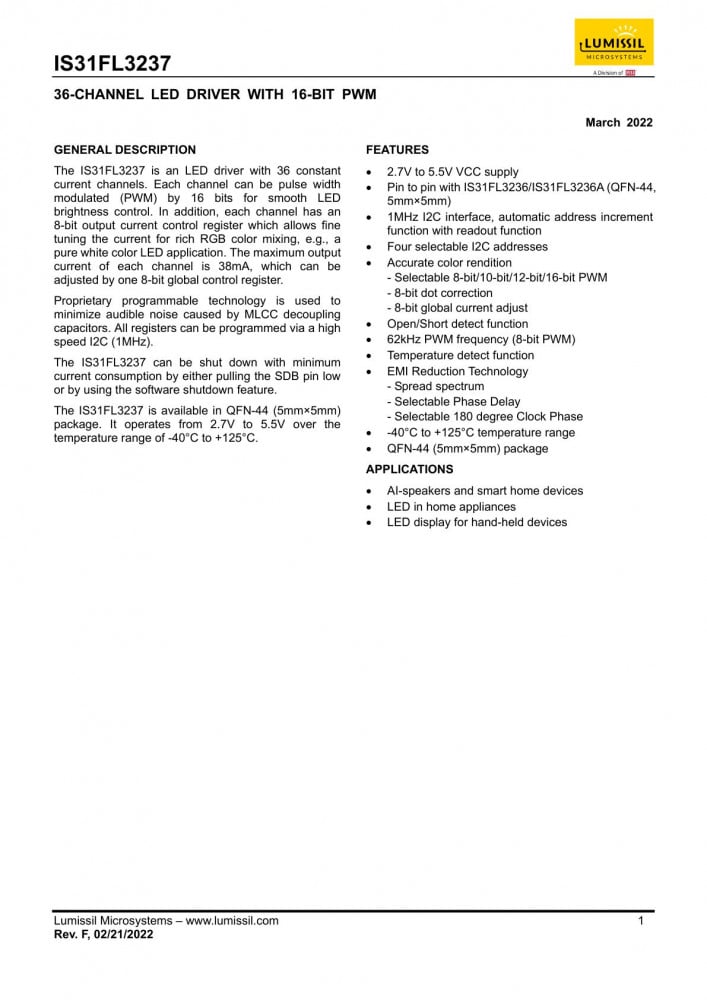 IS31FL3237 datasheet page 1