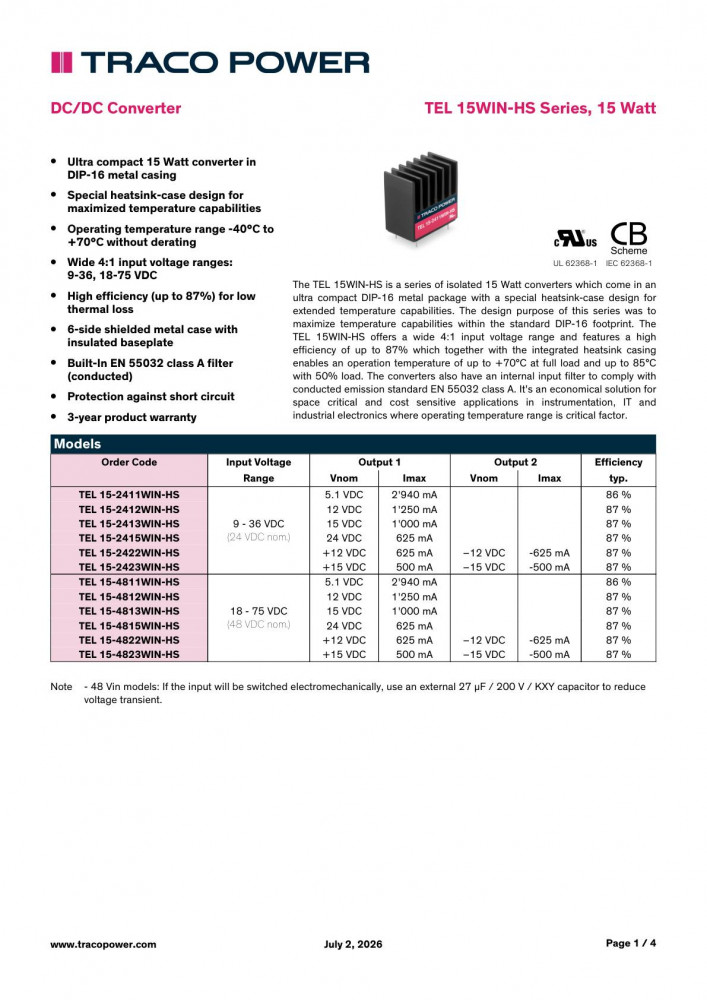 TEL 15WIN-HS product documentation page 1