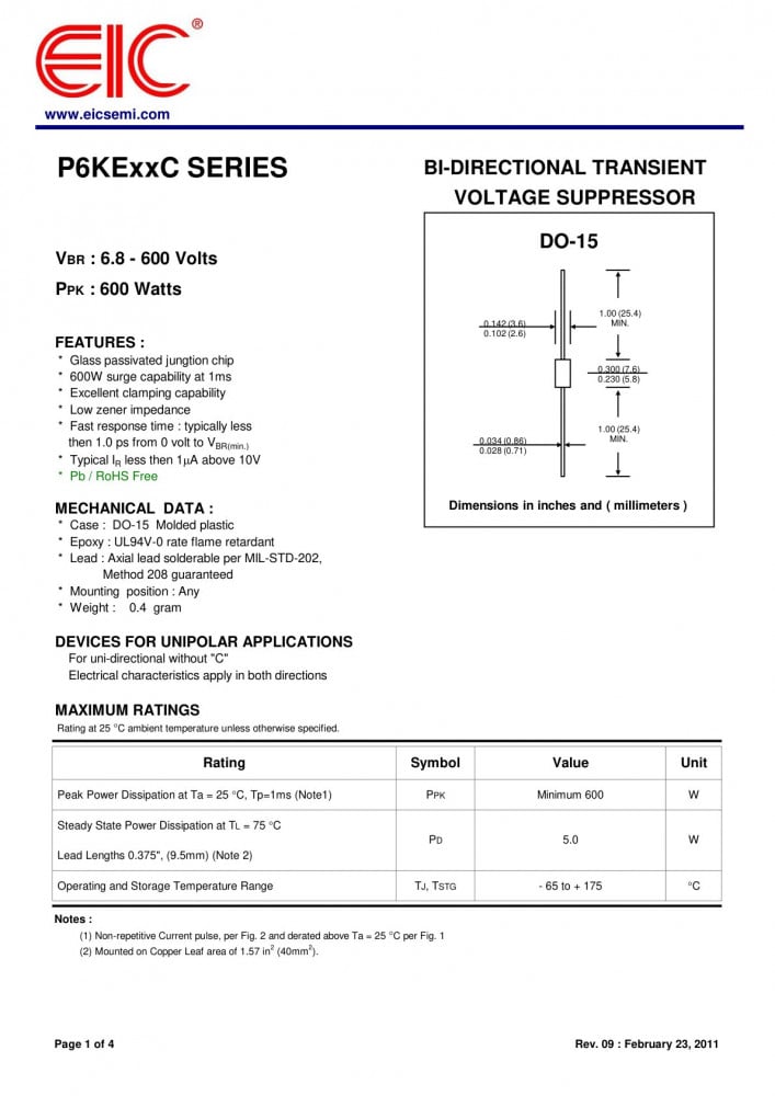 EIC P6KE series datasheet page 1