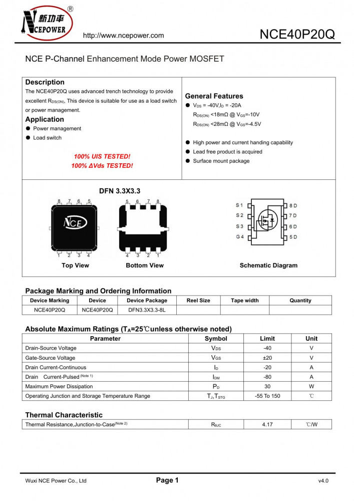 NCE40P20Q datasheet page 1