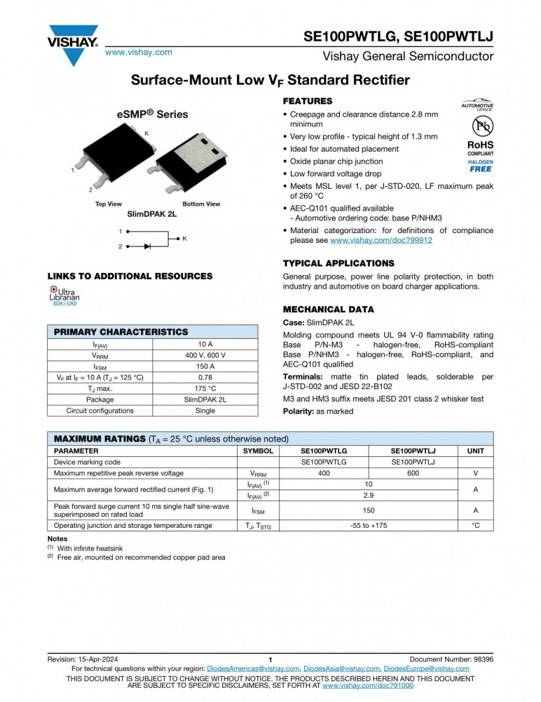 SE100PWTL datasheet page 1