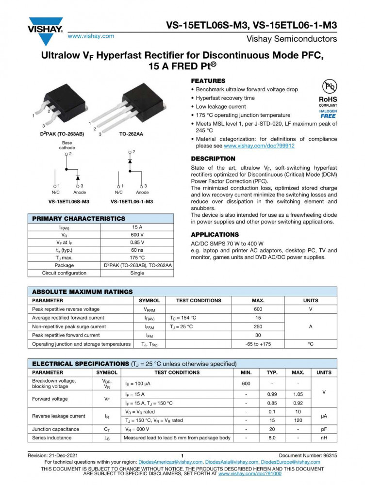 VS-15ETL06 datasheet page 1