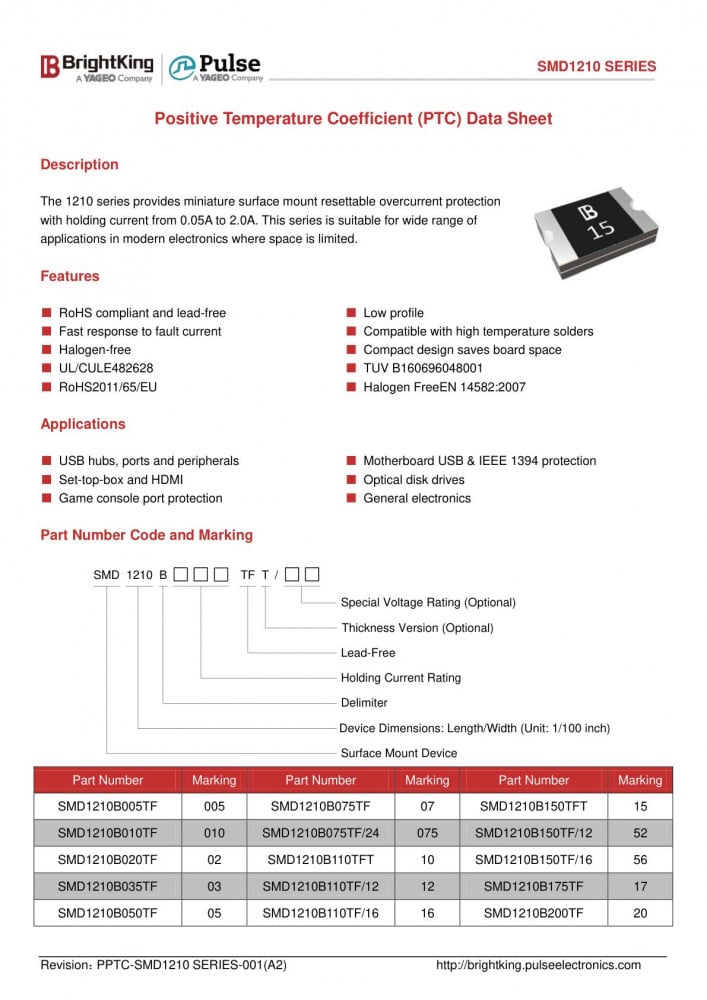 Brightking PTC datasheet page 1