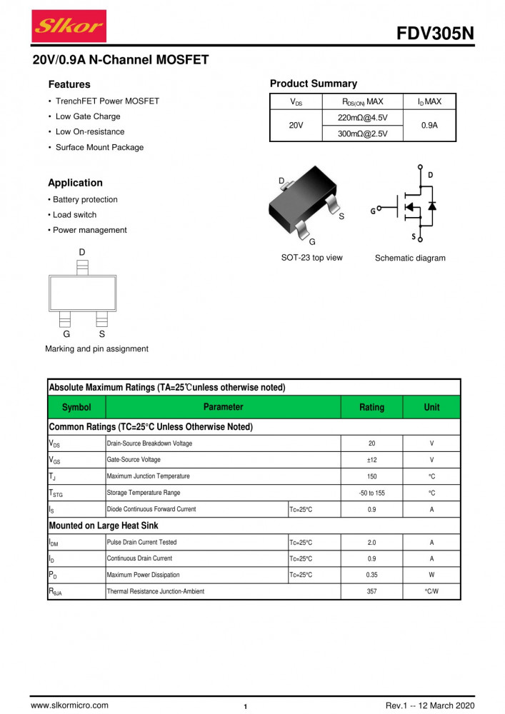 FDV305N datasheet page 1