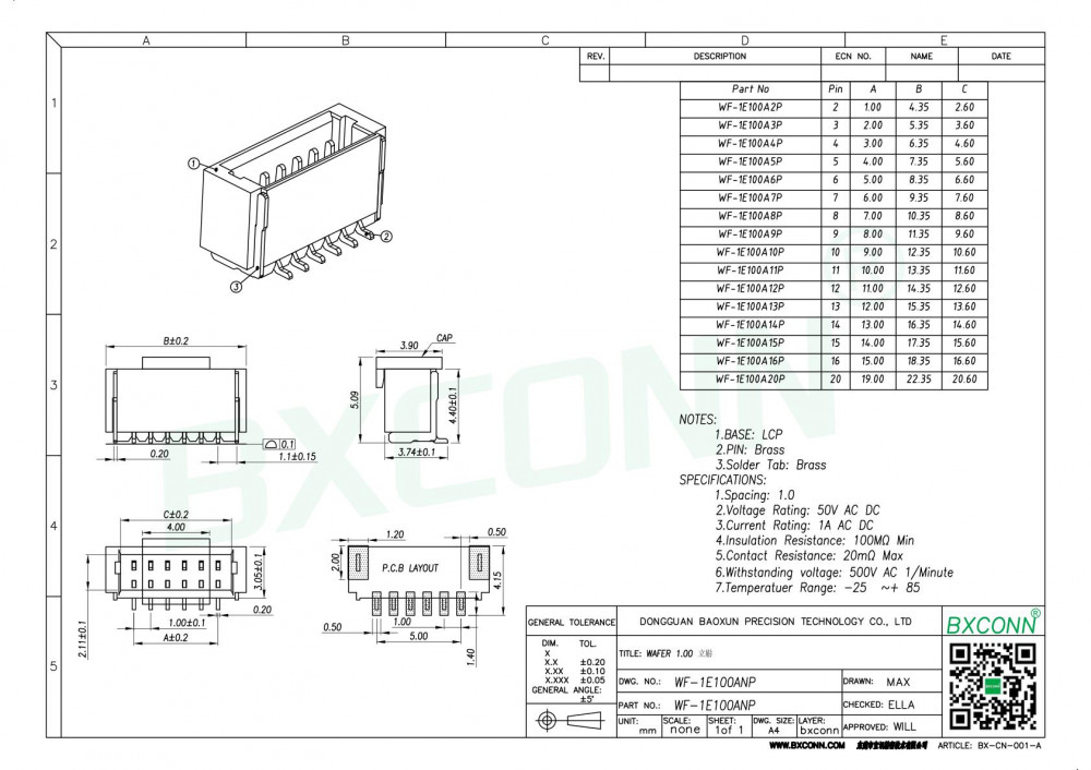 BXCONN WF-1E100A series product drawing preview