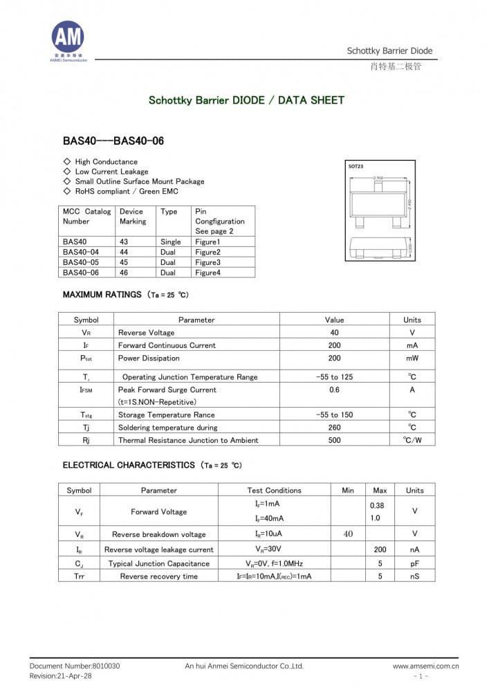 BAS40-04 datasheet page 1