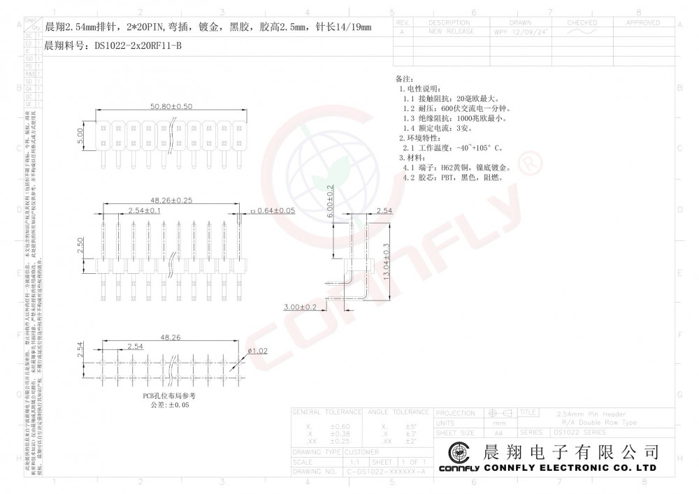 CONNFLY Elec DS1022-2x20RF11-B technical drawing preview