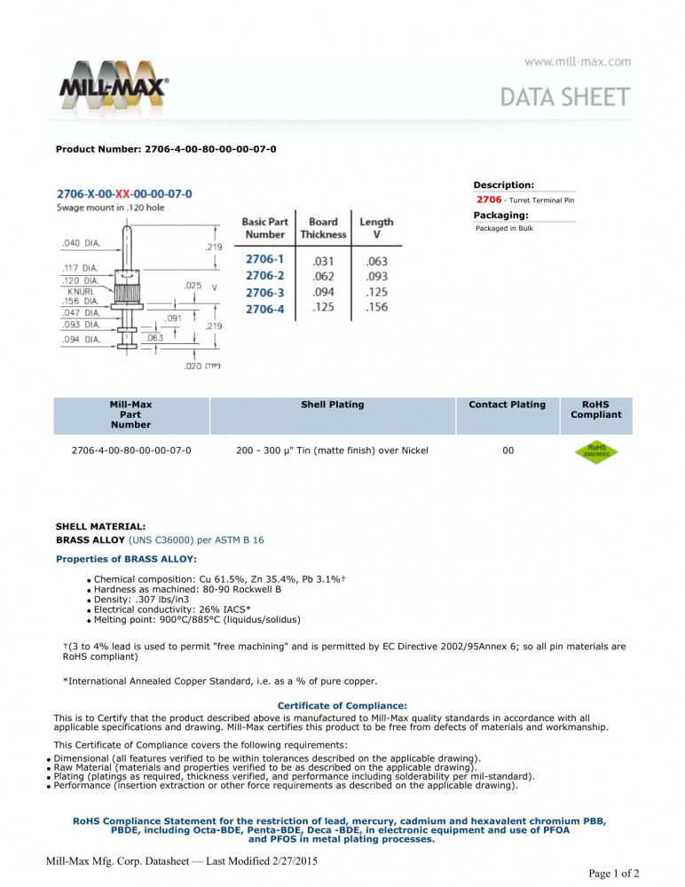 Mill-Max 2706 series technical document page 1