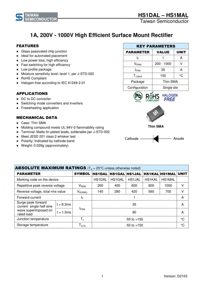HS1JAL datasheet page 1