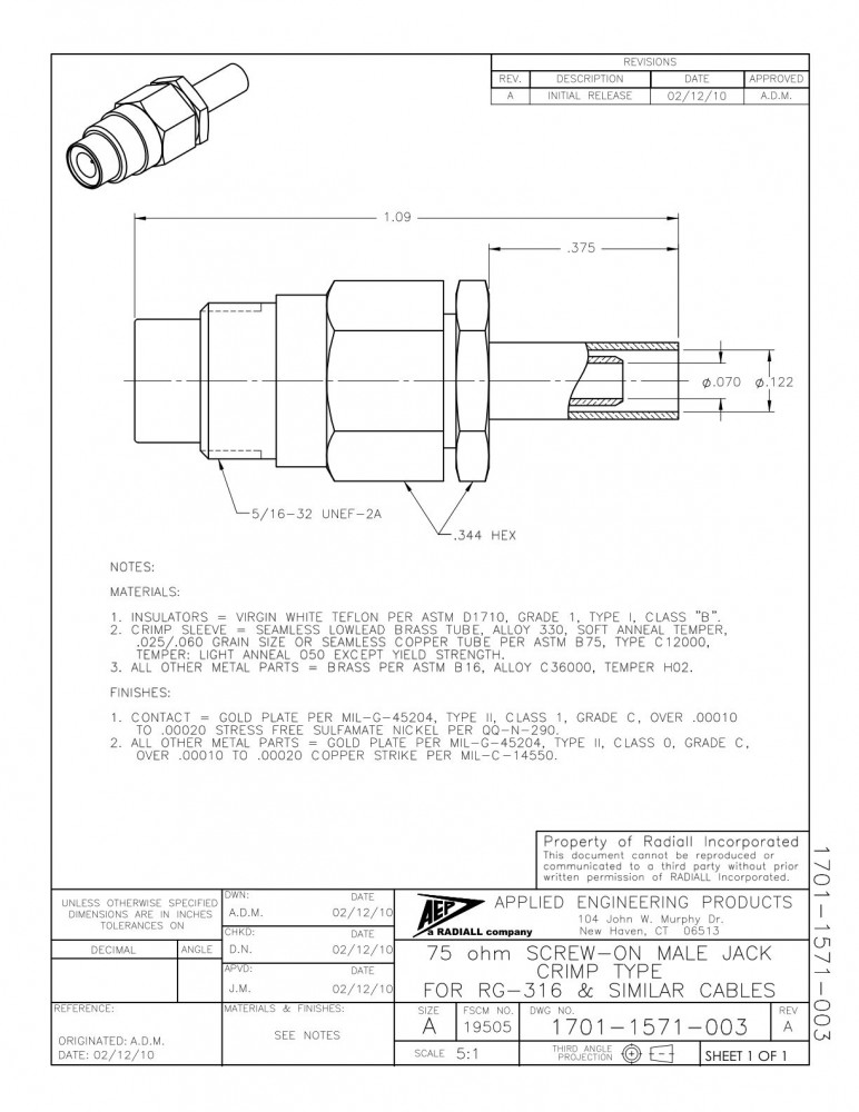 Radiall 1701-1571-003 product drawing page