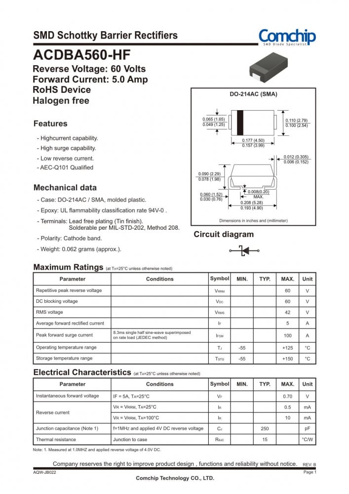 ACDBA560-HF datasheet page 1