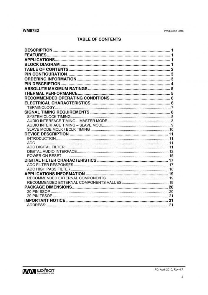 WM8782 datasheet page 2