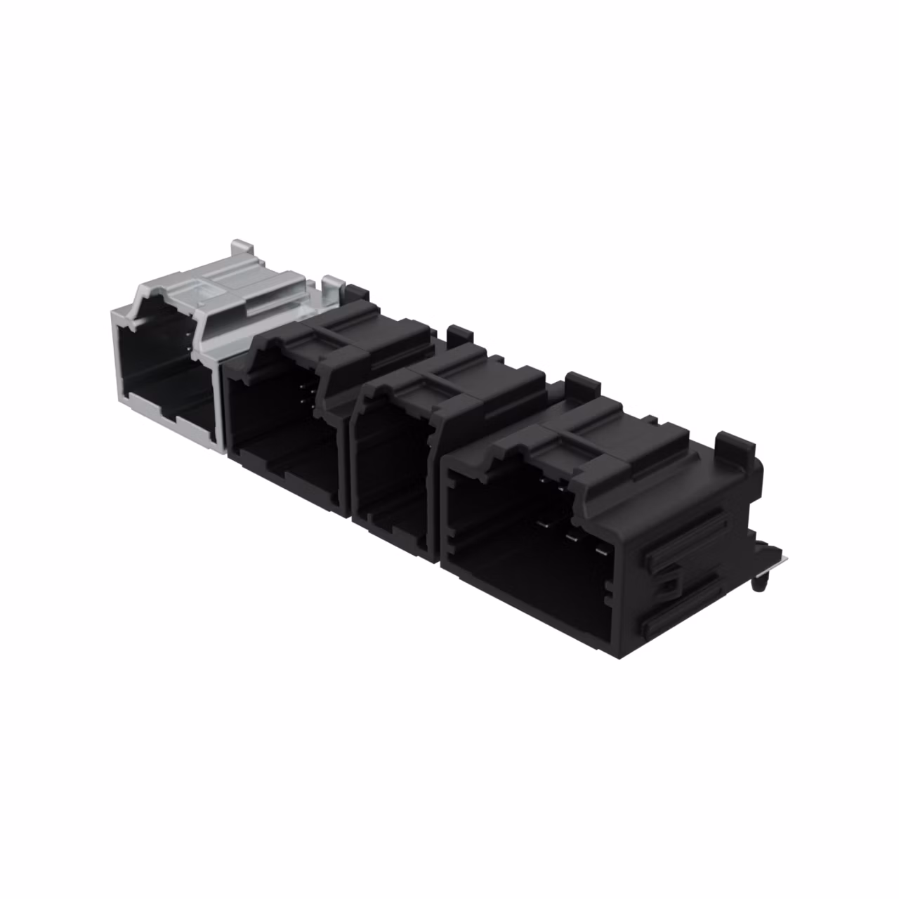 Stac64 4 Bay Right-Angle Headers, 50 Circuits, Bay A 16 Circuit Signal Header, Polarization B, Gray; Bay B 16 Circuit Signal Header, Polarization A, Black; Bay C 8 Circuit Signal Header, Polarization A, Black; Bay D 10 Circuit Power Header, Polarization A, for sale