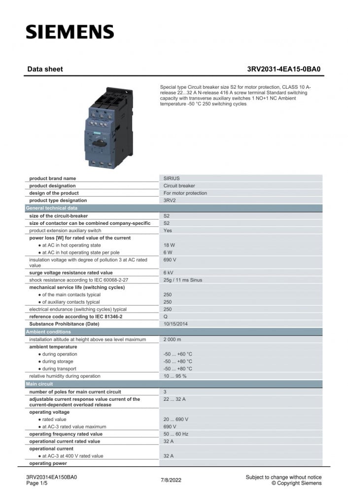 SIEMENS 3RV20314EA150BA0 technical document page 1