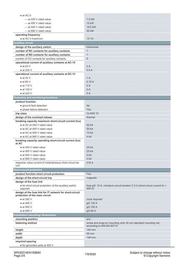 SIEMENS 3RV20314EA150BA0 technical document page 2