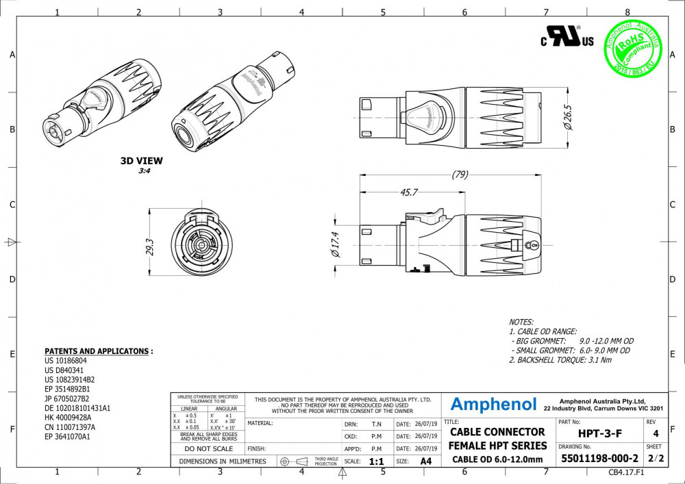Amphenol HPT-3-F technical drawing