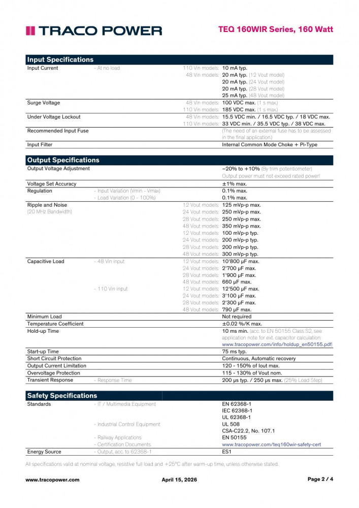 TEQ 160WIR technical document page 2